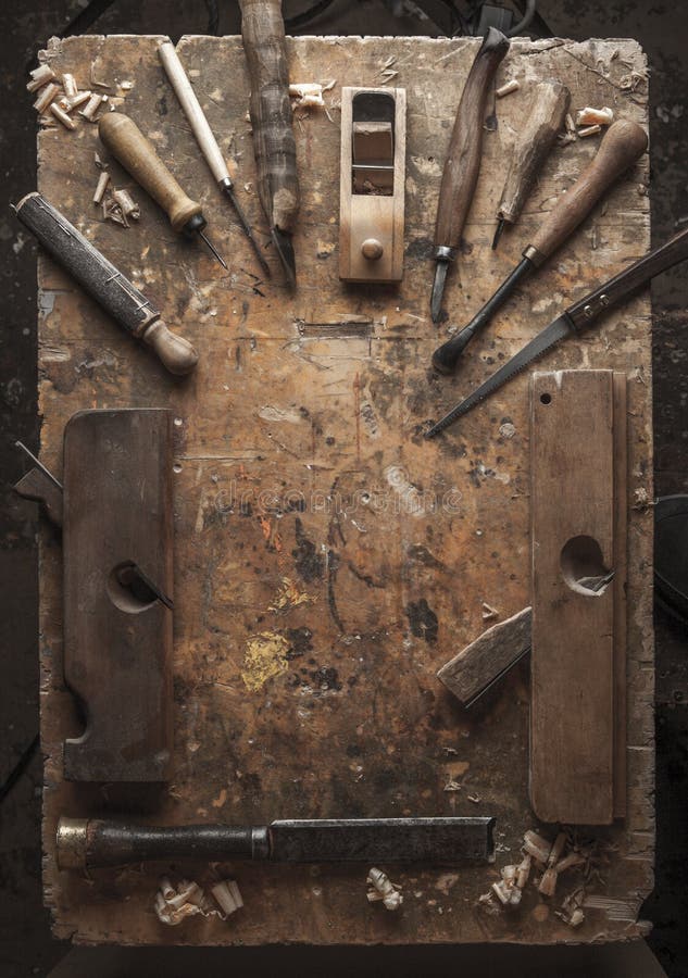 Hand Tools Wood on an Old Wooden Workbench Stock Image - Image of ...