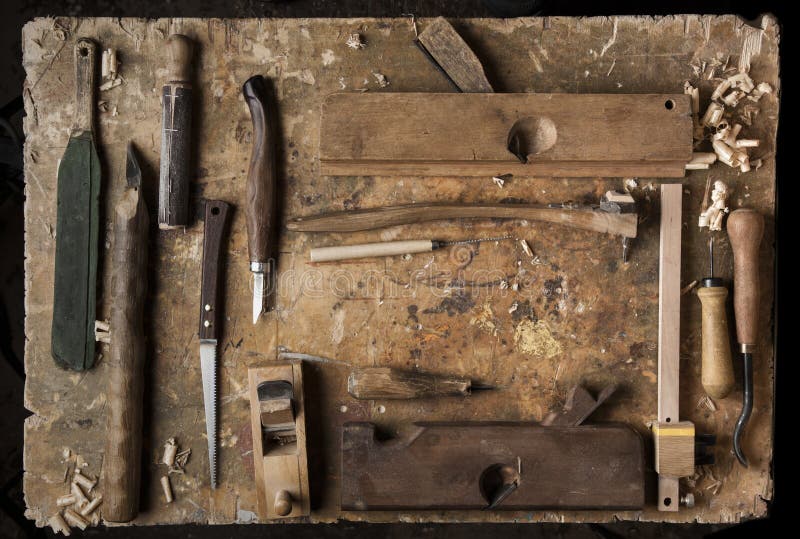 Hand Tools Wood on an Old Wooden Workbench Stock Photo - Image of ...