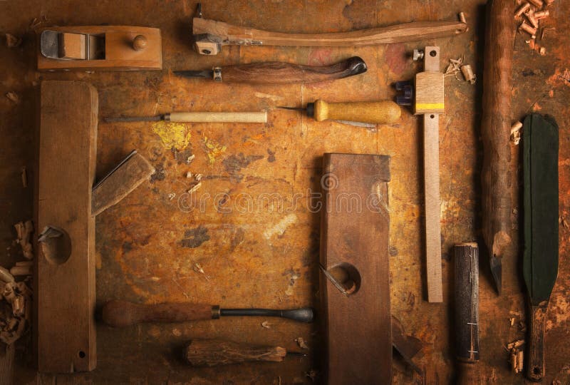 Hand Tools Wood on an Old Wooden Workbench Stock Image - Image of craft ...