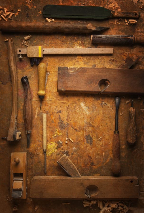 Hand Tools Wood on an Old Wooden Workbench Stock Image - Image of copy ...