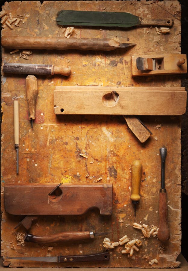 Hand Tools Wood on an Old Wooden Workbench Stock Image - Image of chip ...
