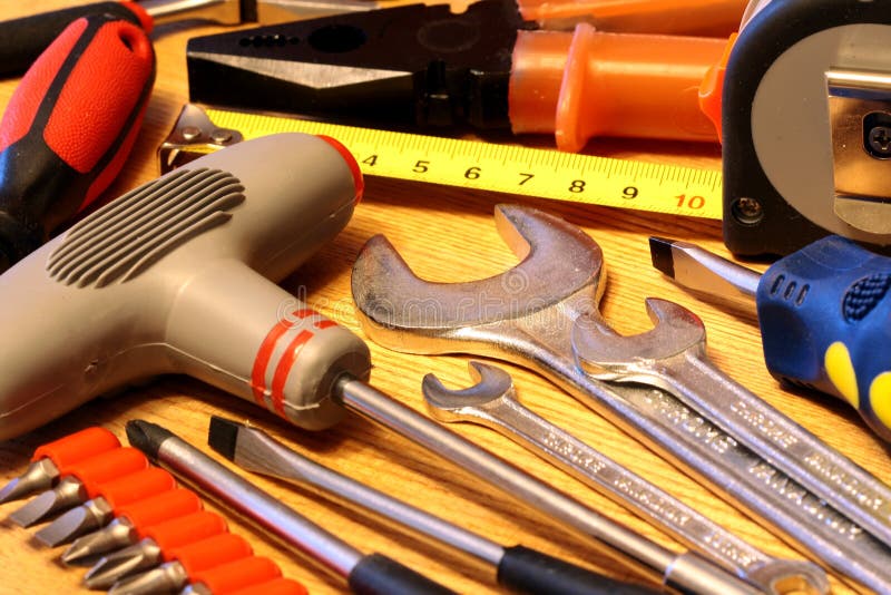 Hand Tools on Wooden Background Stock Photo - Image of pliers, spanners ...
