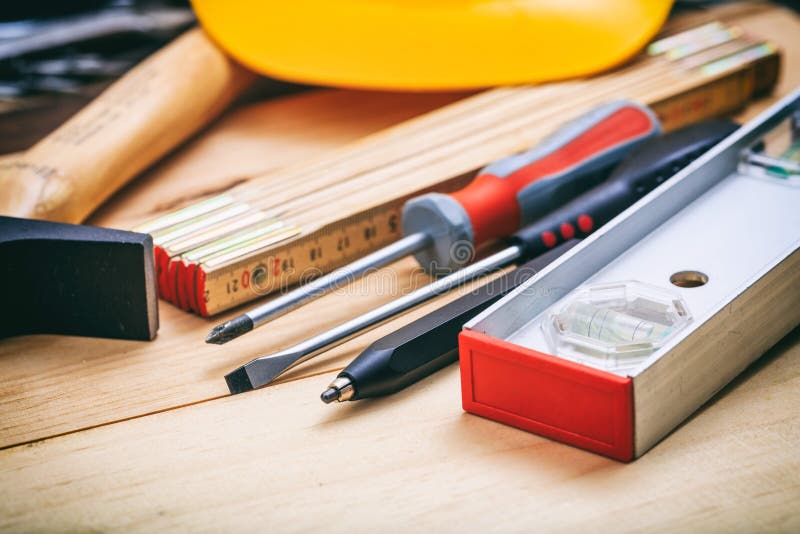 Hand Tools on Wooden Background Stock Image - Image of balance ...