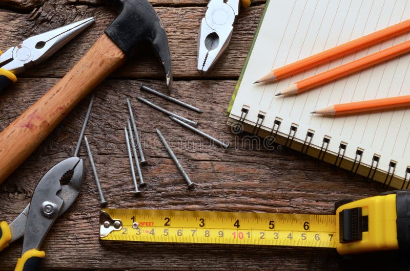 Hand Tools and Work Bench Background Stock Photo - Image of notebook ...