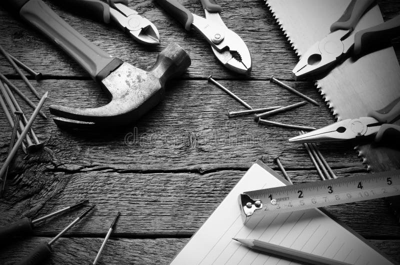 Hand Tools and Work Bench Background Stock Photo - Image of abstract ...