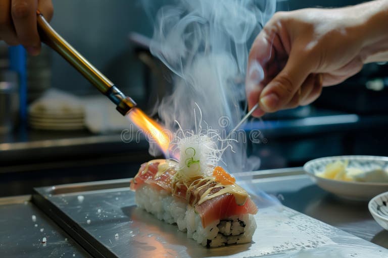 Hand Torching a Piece of Aburistyle Sushi Stock Image - Image of ...