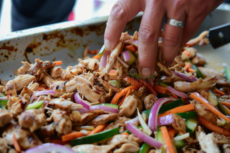 Hand Tossing Chicken and Vegetables in a Shawarma Marinade Stock Photo ...