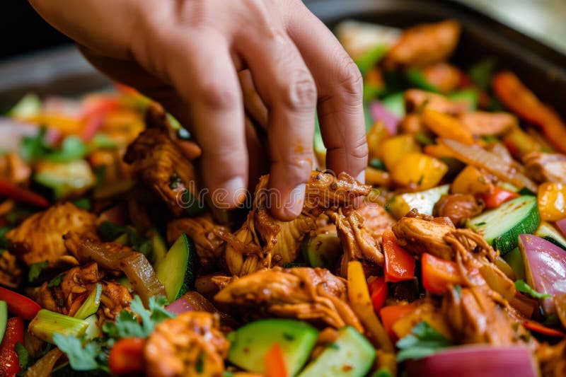 Hand Tossing Chicken and Vegetables in a Shawarma Marinade Stock Photo ...