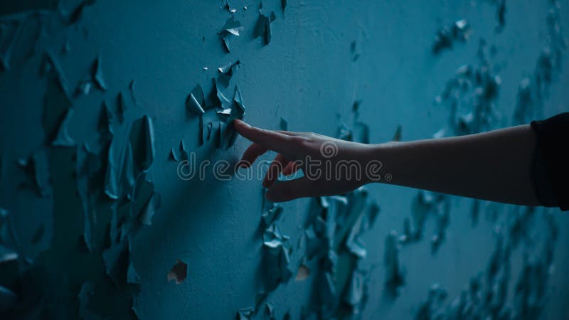 Hand Touch Blue Scratched Wall. Close-up Stock Photo - Image of device ...