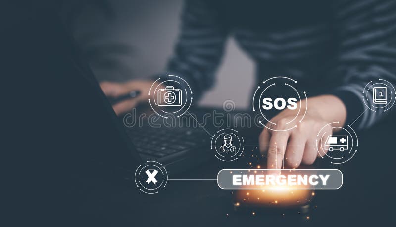 Hand Touch Button Emergency App in Home, Call Phone, Chat Message Icon ...