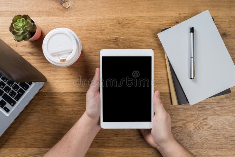 Man Works Using Digital Devices. Above View of Desktop Workspace Stock ...