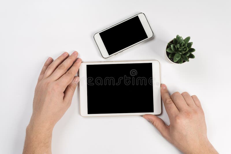 Man Working with Tablet, Top View Stock Image - Image of digital ...