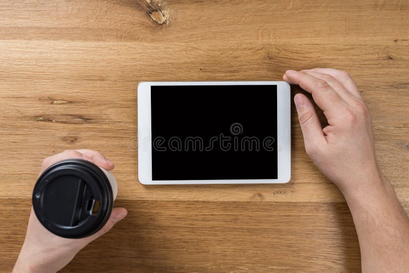 Man Works Using Digital Devices. Above View of Desktop Workspace Stock ...