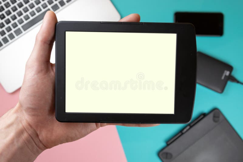 Hand Touch on Empty Screen of Tablet Above Colorful Table Top View ...