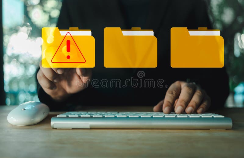 Hand Touch a Folder with a Cybersecurity Warning. Warning Symbol for ...