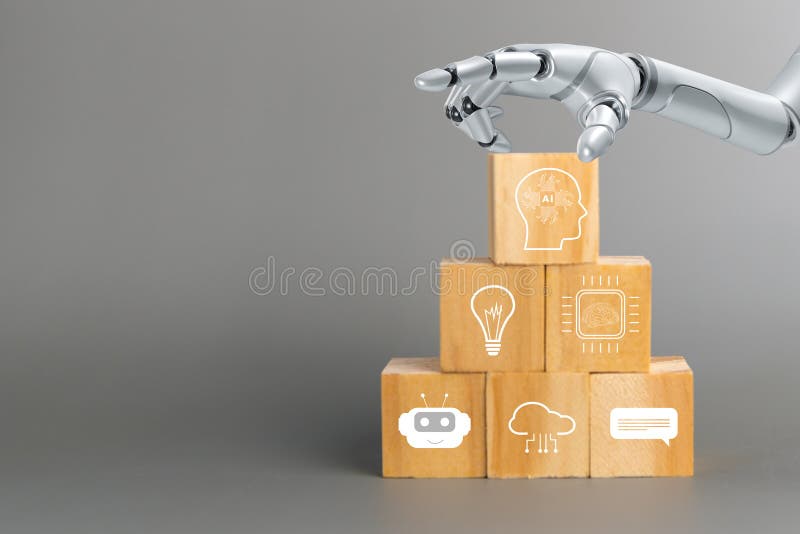 Hand Touch Robot Artificial Intelligence Wood Cube with AI Symbols ...