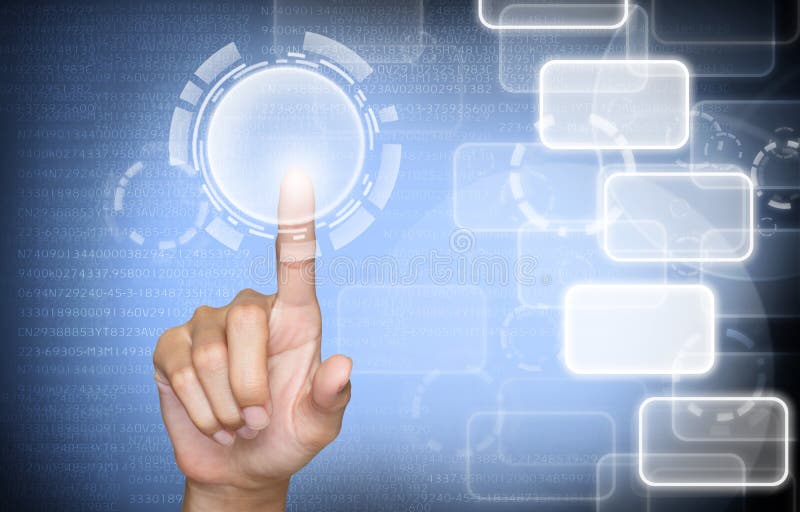 Hand Touch Screen on Blue Background. Stock Photo - Image of monitor ...