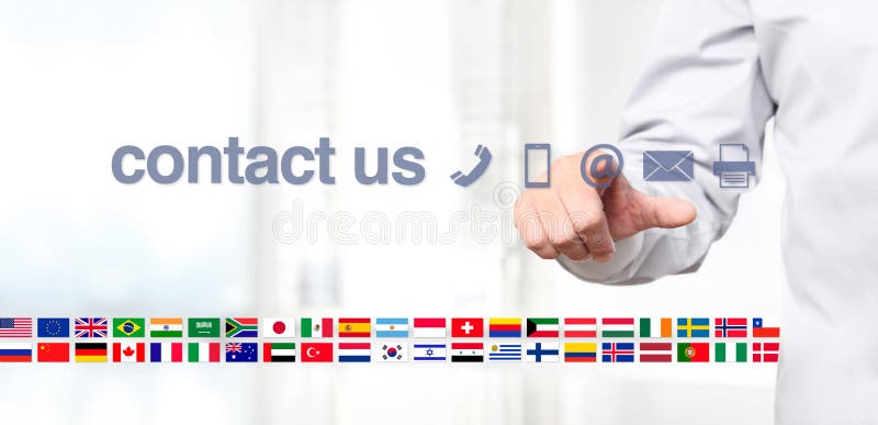 Hand Touch Screen Display with Global Contact Us Concept Text, F Stock ...