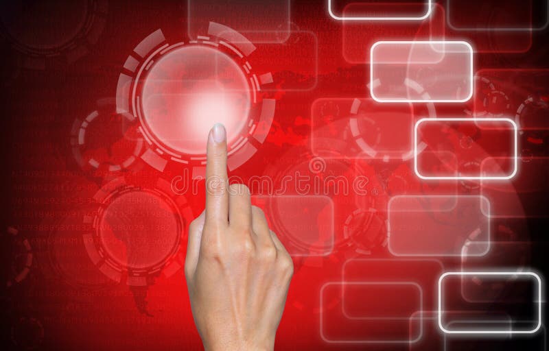 Hand Touch Screen On Blue Background. Stock Photo - Image of monitor ...