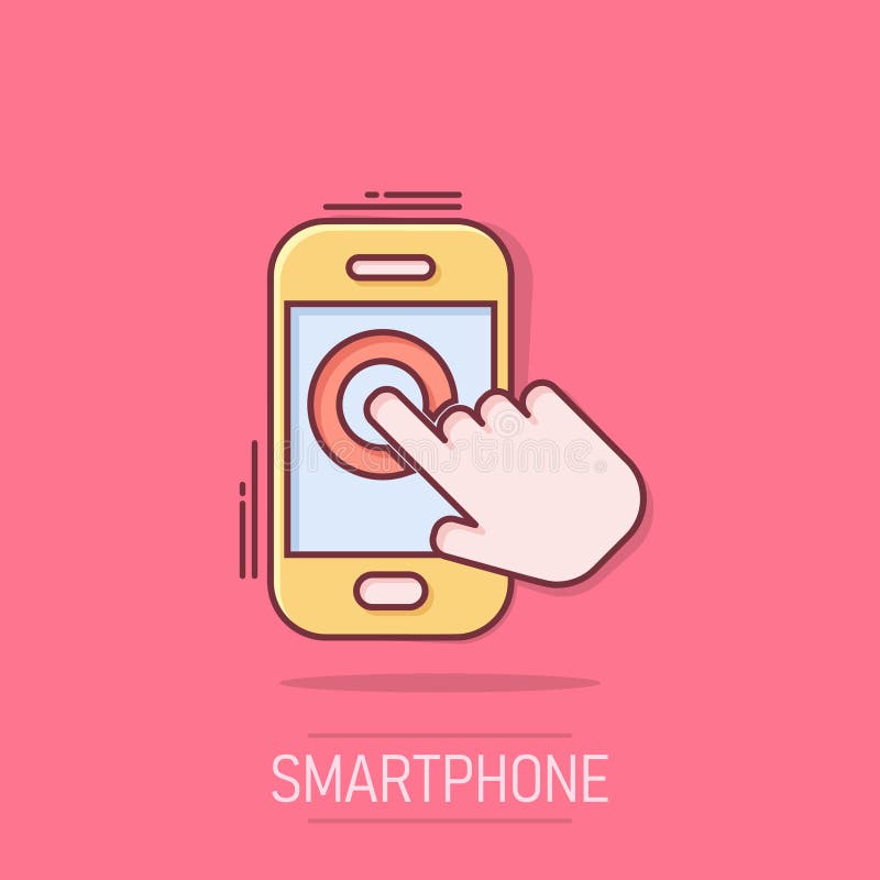 Hand Touch Smartphone Icon in Comic Style. Phone Finger Vector Cartoon ...