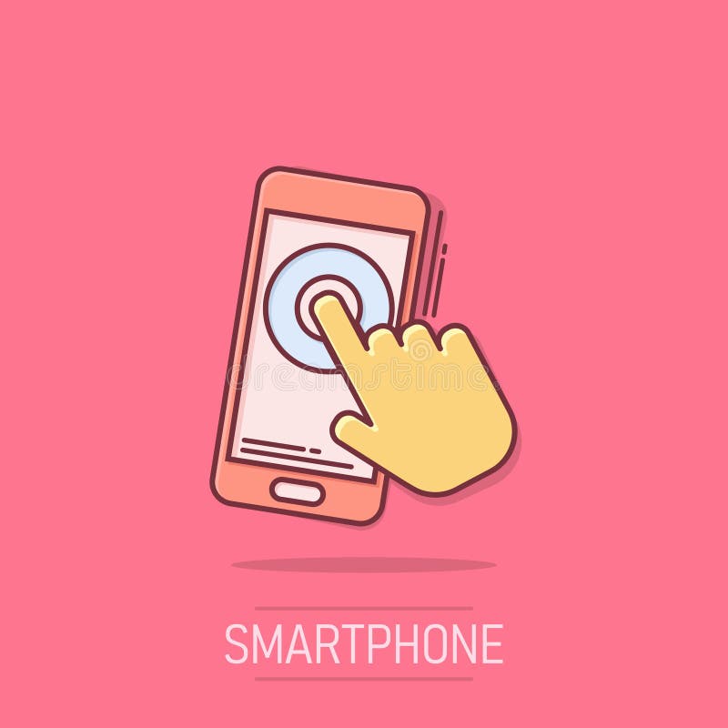 Hand Touch Smartphone Icon in Comic Style. Phone Finger Vector Cartoon ...