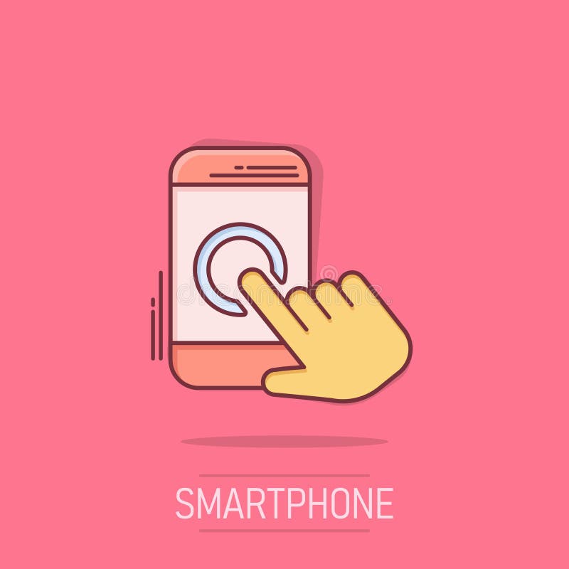 Hand Touch Smartphone Icon in Comic Style. Phone Finger Vector Cartoon ...