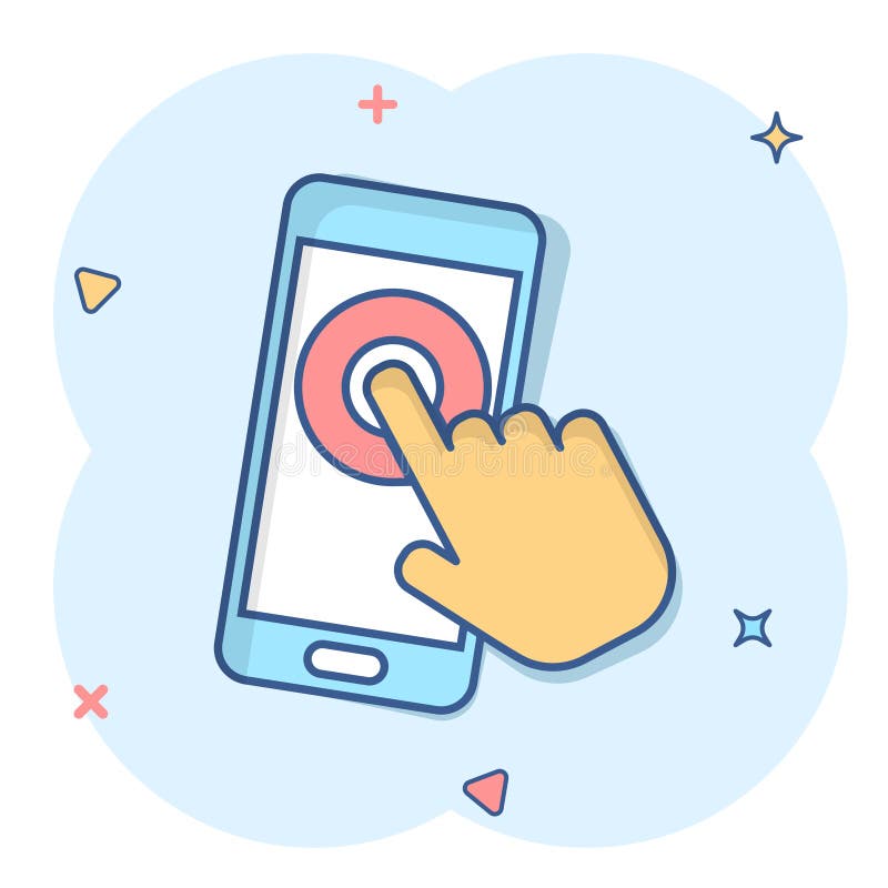 Hand Touch Smartphone Icon in Comic Style. Phone Finger Vector Cartoon ...