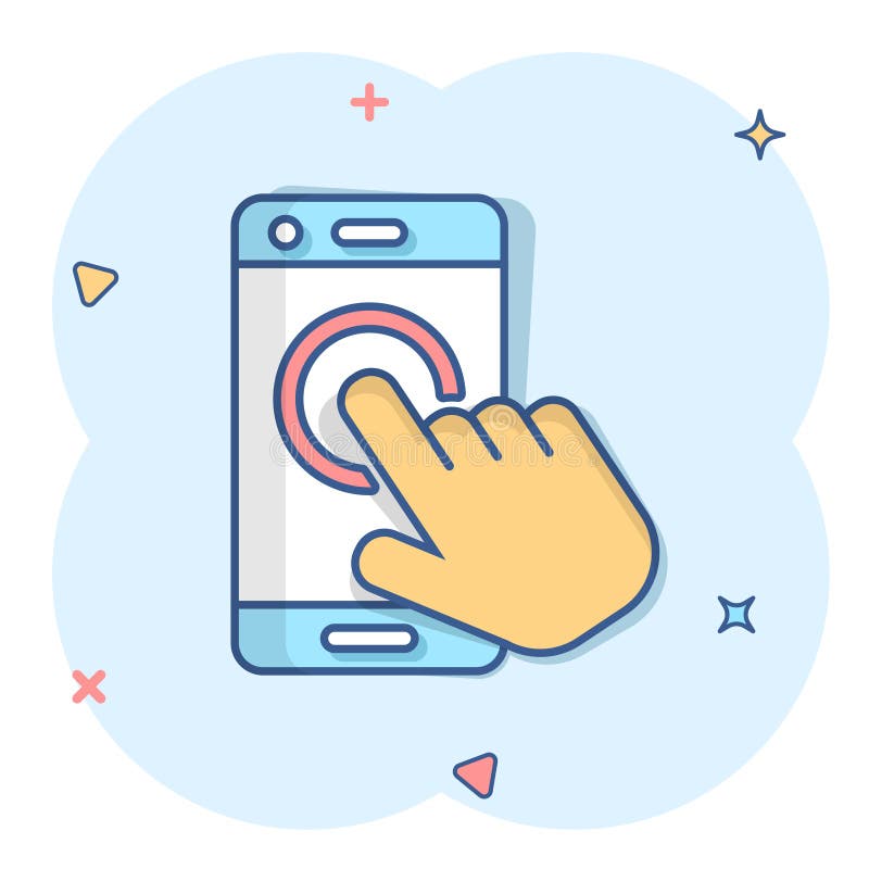 Hand Touch Smartphone Icon in Comic Style. Phone Finger Vector Cartoon ...