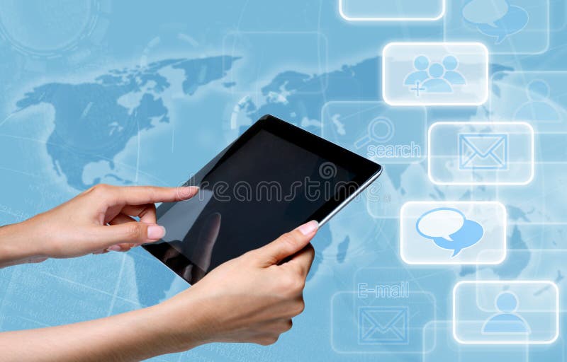 Hand Touch Tablet Screen Over Blue Stock Photo - Image of laptop ...
