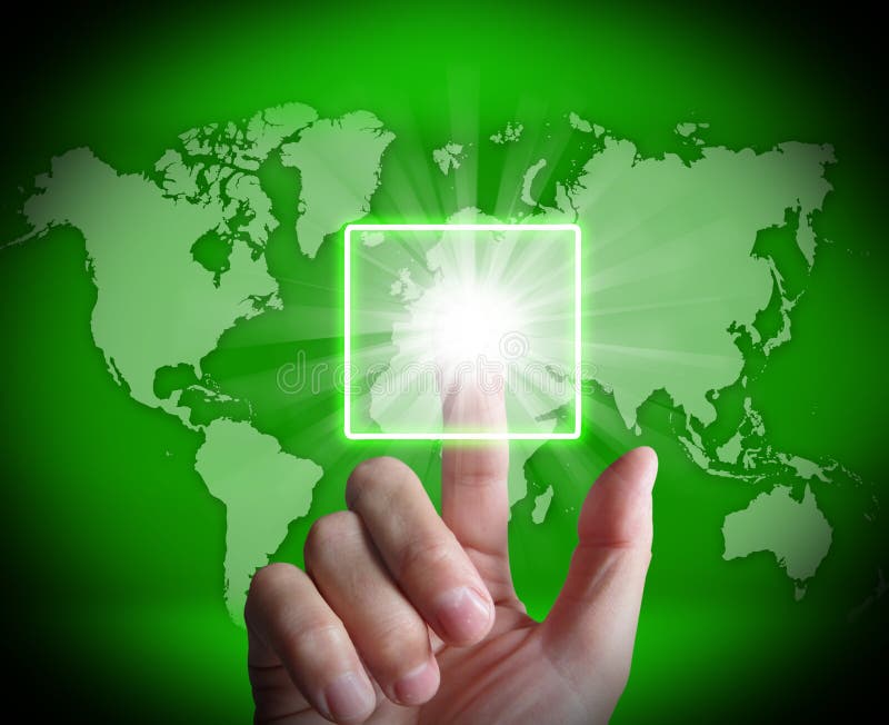 Hand Touch Touchscreen on World Map Shows Internet Web Stock ...