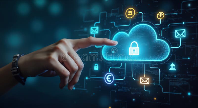 Hand Touches Cloud Computing Infographic. Cloud Tech Centralizes Lifestyle Info. Secure Data ...