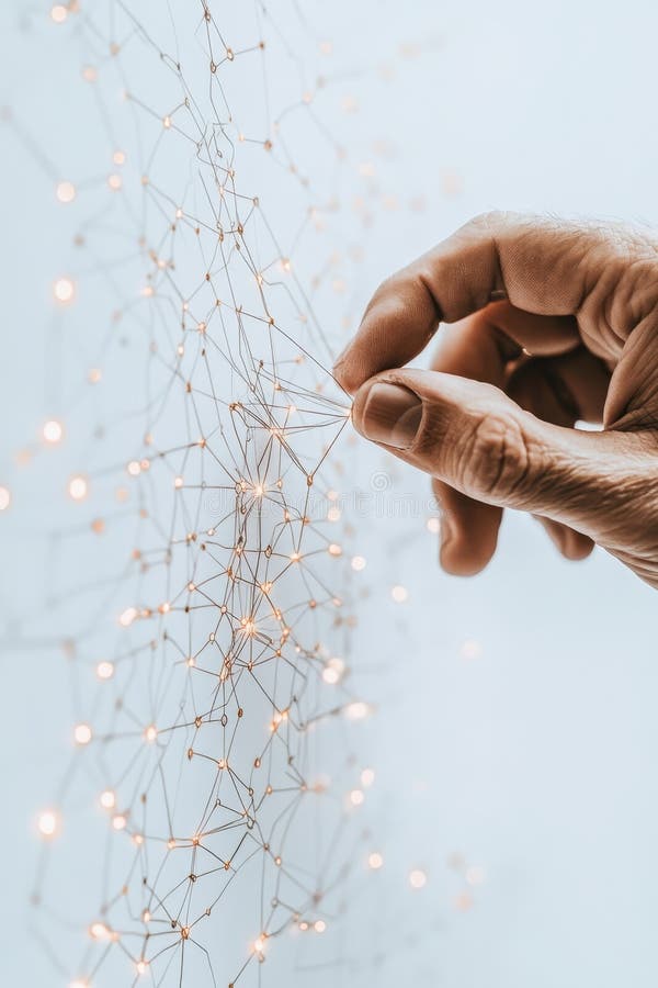 Hand Touches Connected Network. Light Points on Mesh. Digital ...