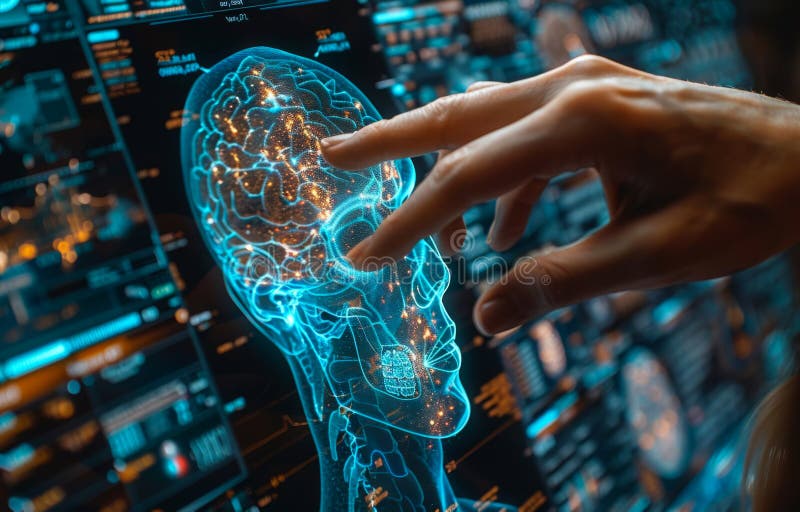Hand Touches Digital Brain on Screen. Stock Image - Image of hand ...