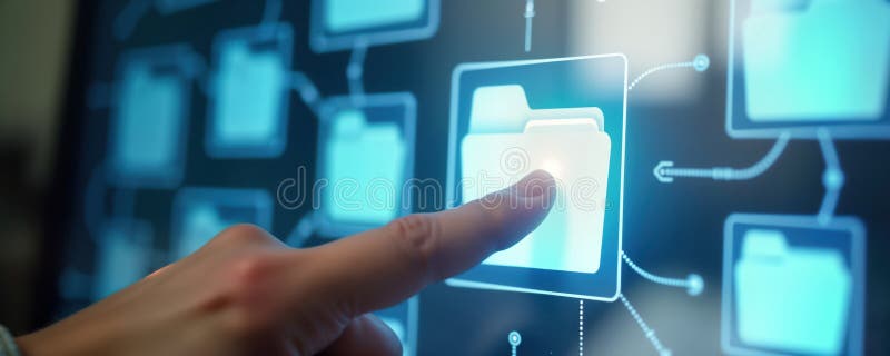 Hand Touches Digital Folder on Computer Screen. Interactive File System ...