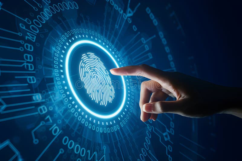 Hand Touches Digital Interface with Illuminated Fingerprint Scanner ...