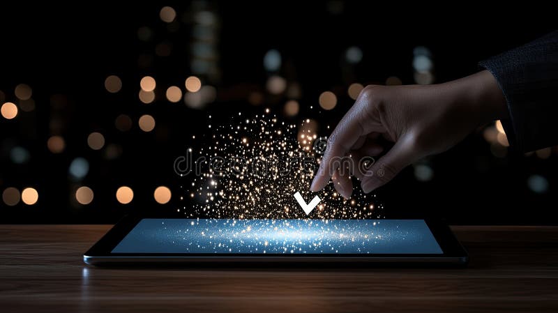 Hand Touches a Glowing Checkmark Icon on a Tablet Screen while Engaging ...