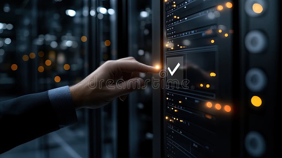 Hand Touches a Glowing Checkmark Icon on a Tablet Screen while Engaging ...