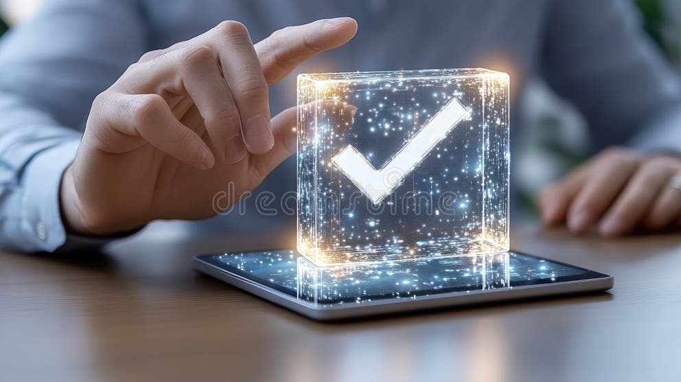 Hand Touches a Glowing Checkmark Icon on a Tablet Screen while Engaging ...