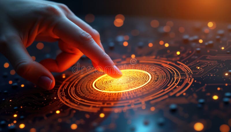 Hand Touches Glowing Digital Interface. Futuristic Tech Concept. Hand ...