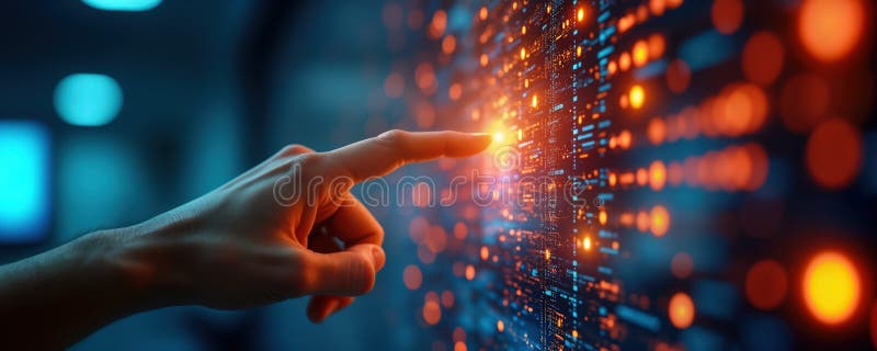 Hand Touches Glowing Digital Interface. Tech Professionals Interact ...