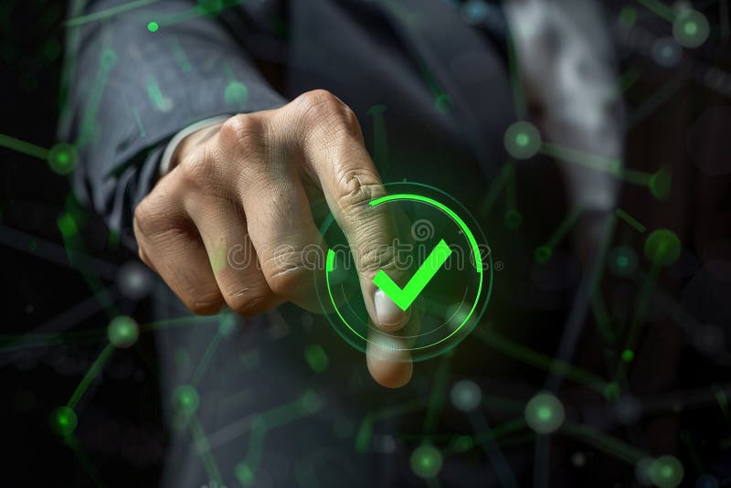 A Hand Touches a Glowing Green Checkmark Digital Interface Signifying ...