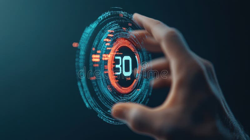 Hand Touches Glowing Interface. Digital Number Display. Technology ...