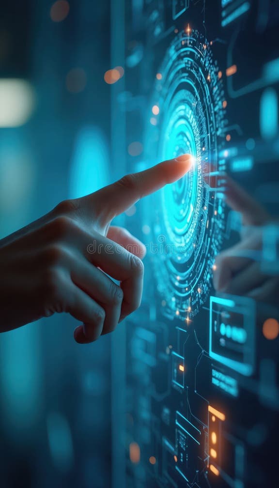 Hand Touches Interactive Digital Screen with Glowing Interface. Person ...