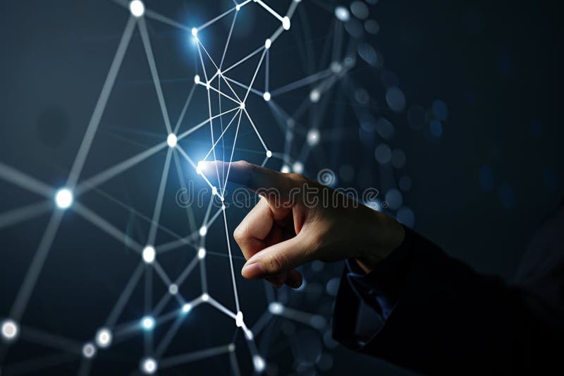 A Hand Touches Light Points in the Direction of a Technology Network ...