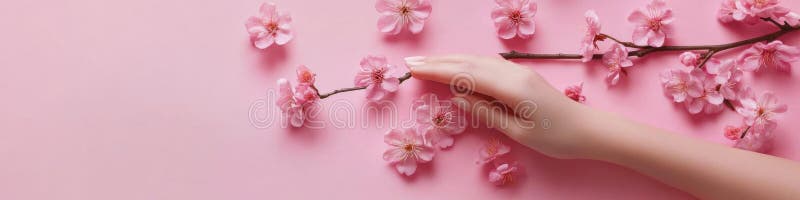 Hand Touches Pink Blossoms on Pastel Surface in Tender Touch Theme ...