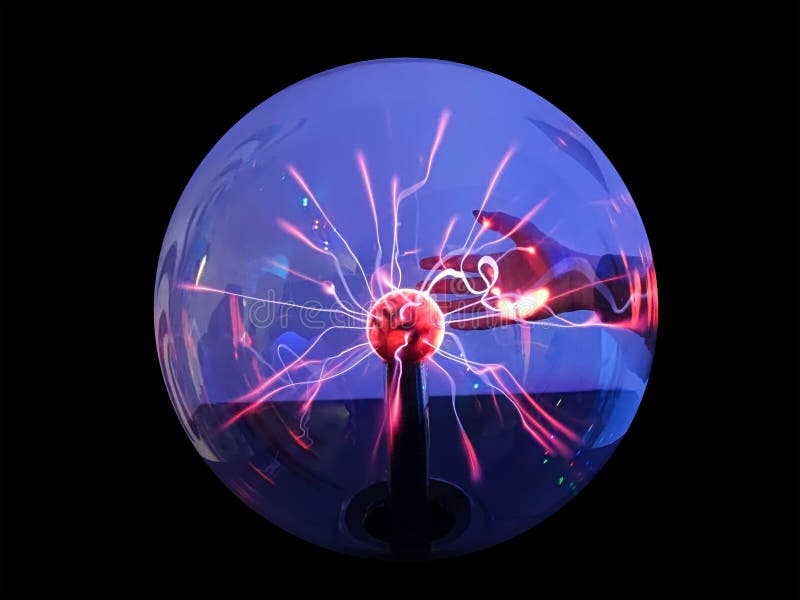 Hand Touches Plasma Tesla Magic Ball, Isolate on Black Background Stock ...