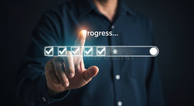 A Hand Interacting with a Progress Bar with Checkmarks on a Dark ...