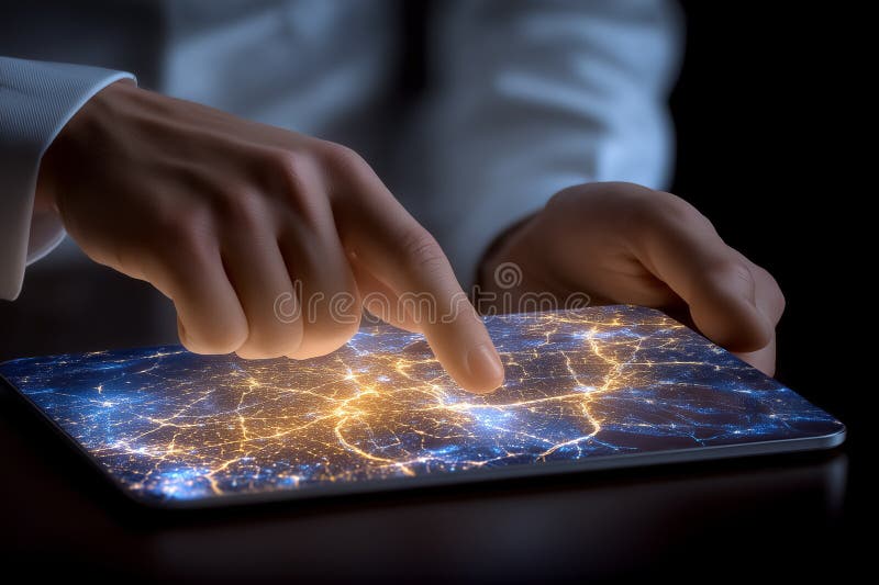 Hand Touches Tablet Interface Displaying Glowing Network Connections in ...