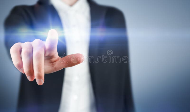 Hand touches visual screen stock photo. Image of business - 263272932