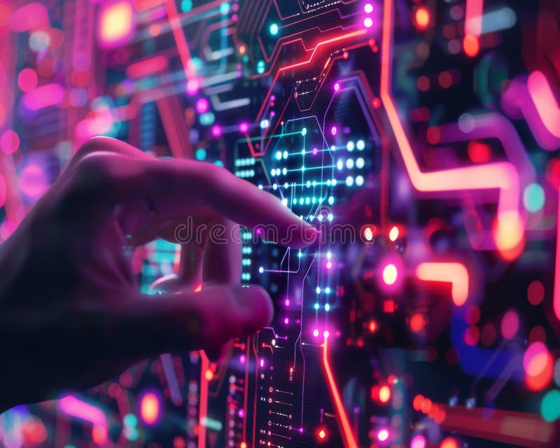Hand Touching AI PCB Symbol Neon Lights Cyber Realm Backdrop Stock ...